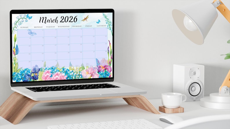EDITABLE March 2026 Calendar, Watercolor Spring Flowers, Garden Scenery ...