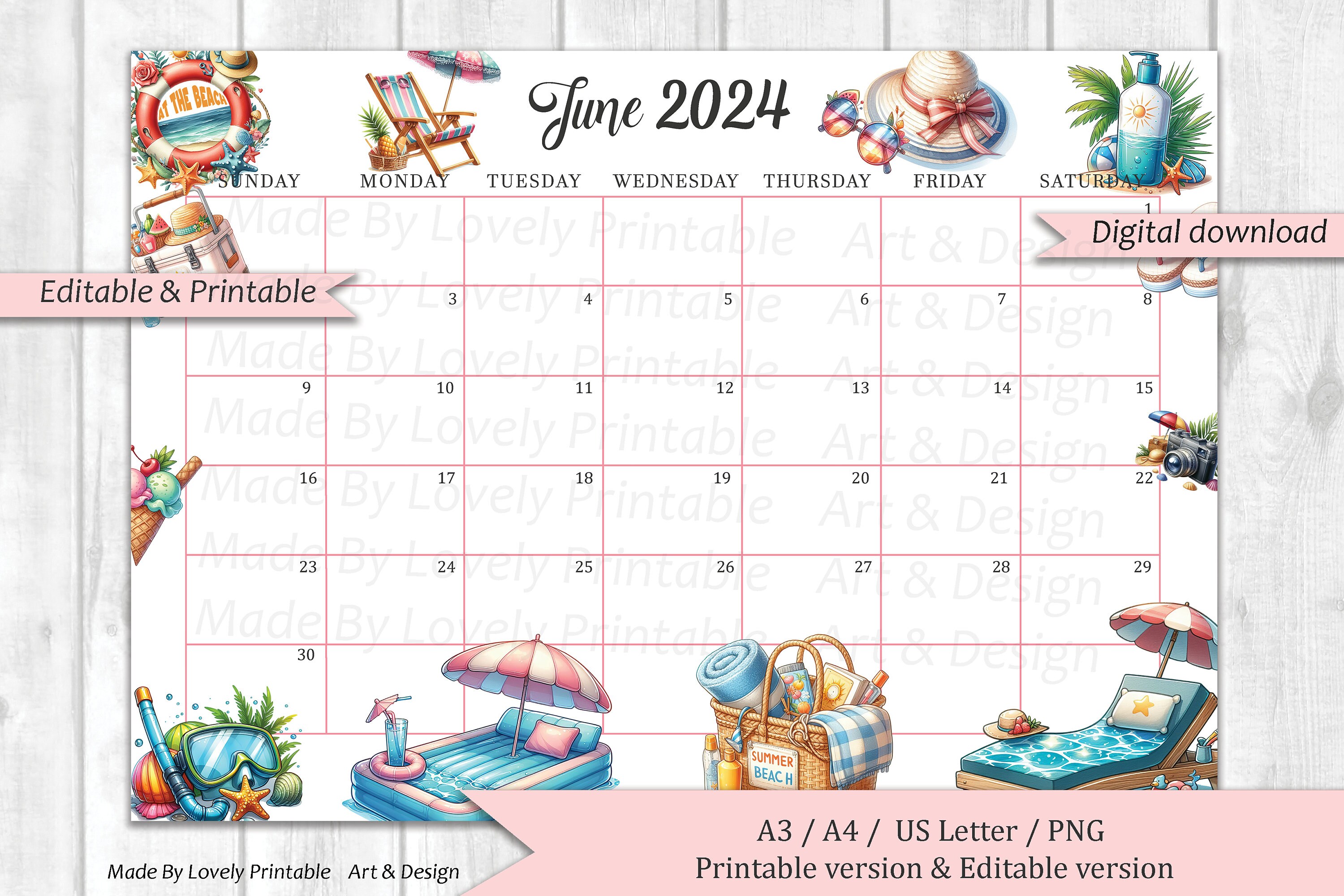 EDITABLE June Calendar, Summer Beach, Joyful & Colorful Summer at the ...