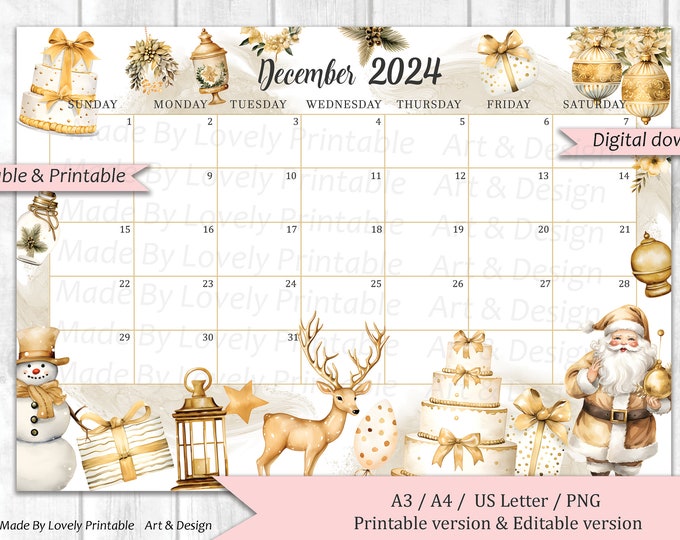 EDITABLE December 2024 Calendar, Fillable Christmas Planner, Monthly ...