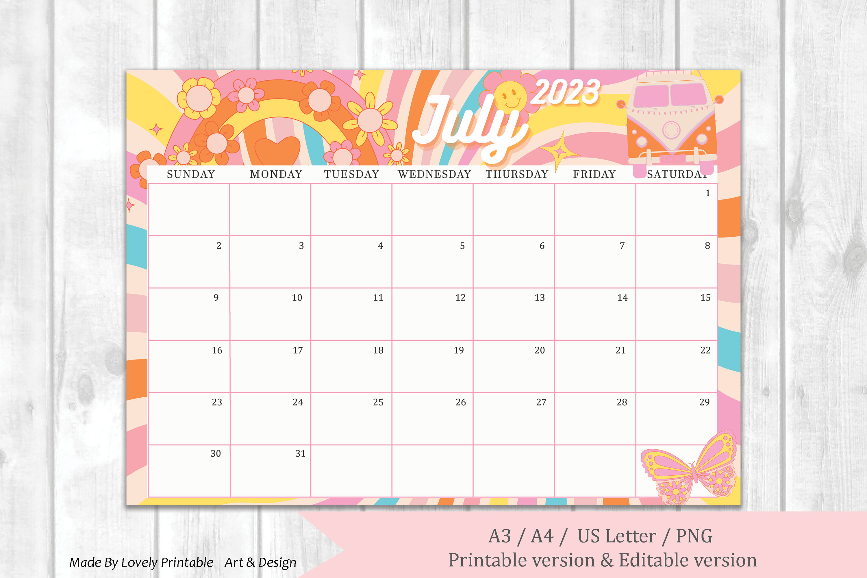 EDITABLE July 2023 Calendar, Retro Aesthetic 70s Daisy, Colorful Summer ...