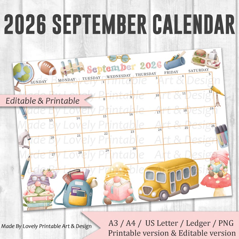 EDITABLE September 2026 Calendar, Gnomes Cute Back to School, Calendar ...
