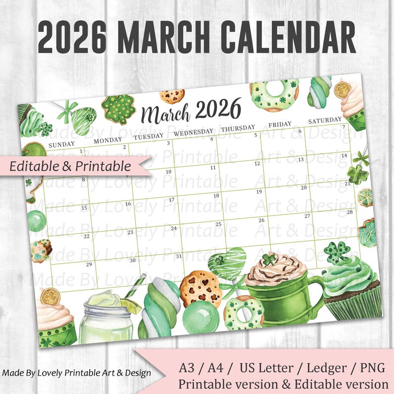 EDITABLE March 2026 Calendar, Happy St. Patrick's Day Planner ...