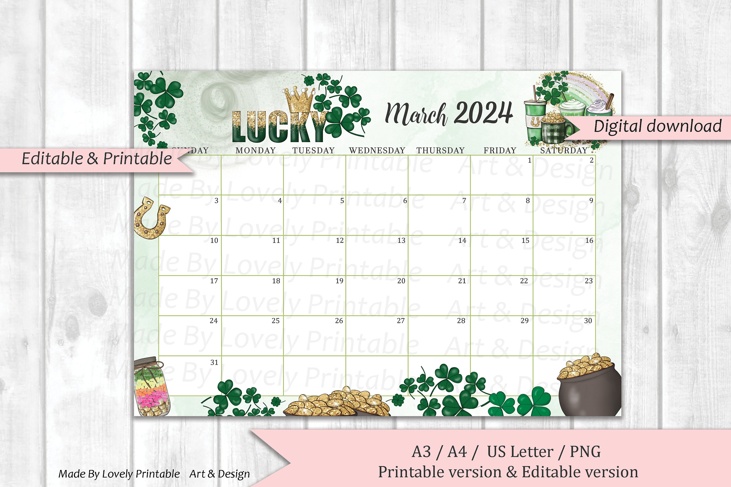 EDITABLE March 2024 Calendar, Happy St. Patrick's Day Planner ...