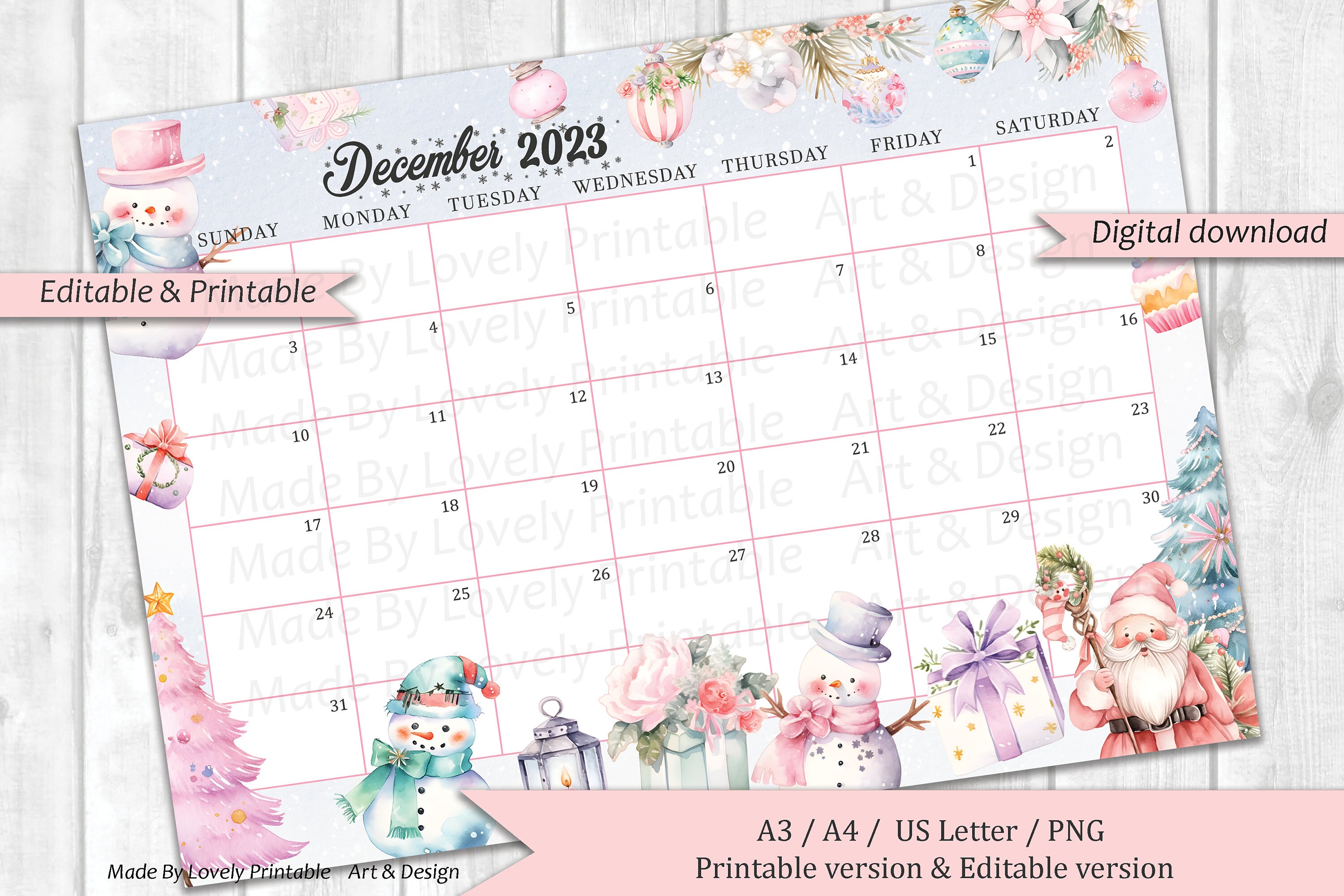 EDITABLE December 2023 Calendar Pastel Christmas Printable - Etsy Canada