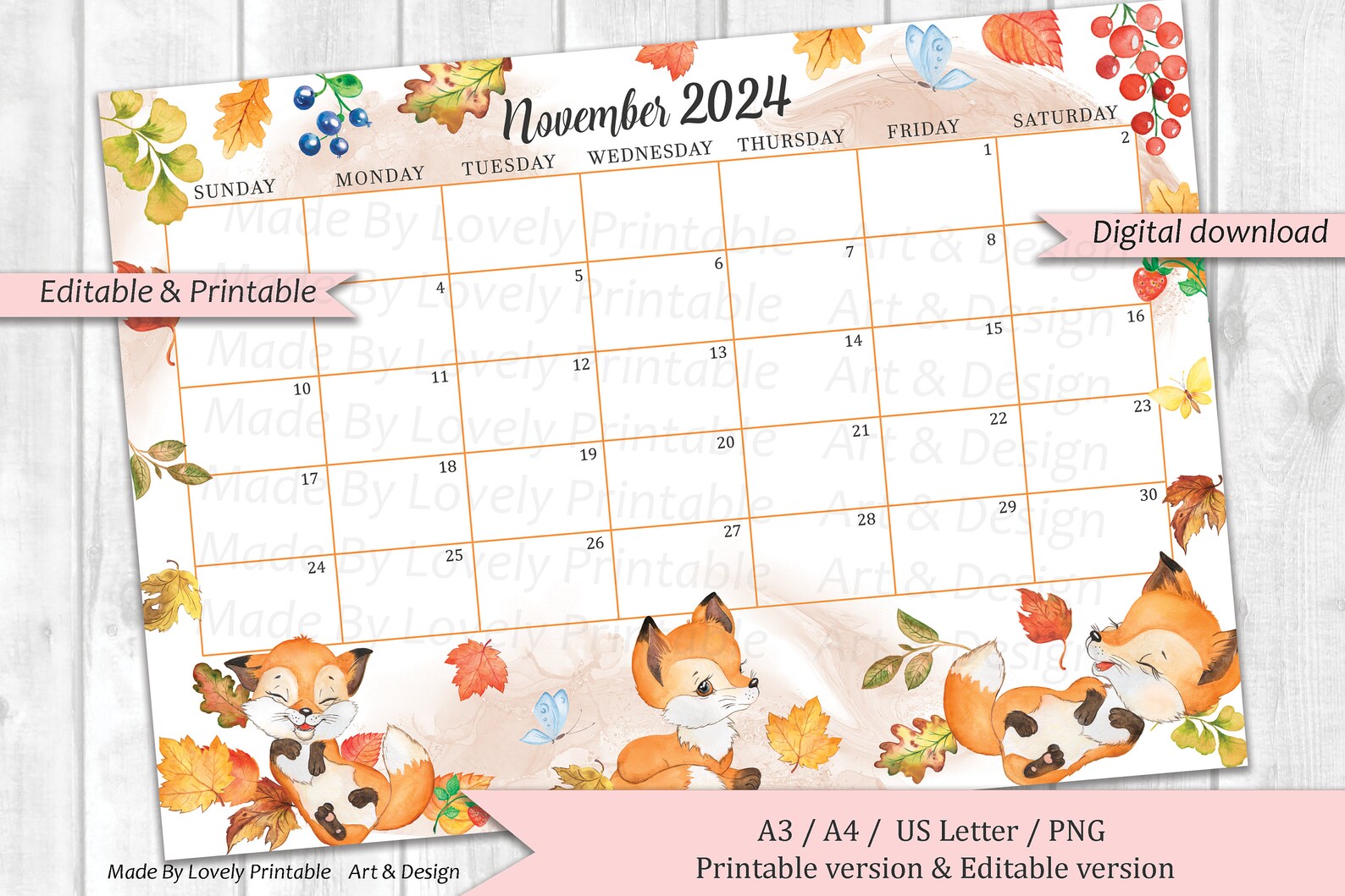 EDITABLE November 2024 Calendar, Cute Watercolor Fox, Forest Animal ...