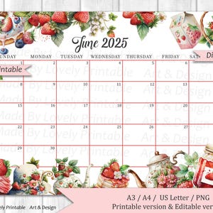 EDITABLE June 2025 Calendar, Delicious Strawberries, Beautiful Colorful ...