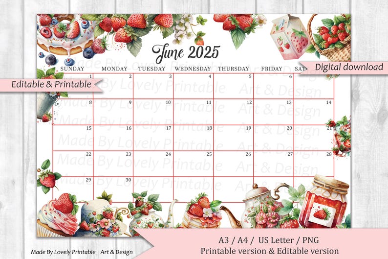 EDITABLE June 2025 Calendar, Delicious Strawberries, Beautiful Colorful ...