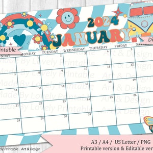 Editable January 2024 Calendar, Retro Aesthetic 70s Daisy,, Happy New ...
