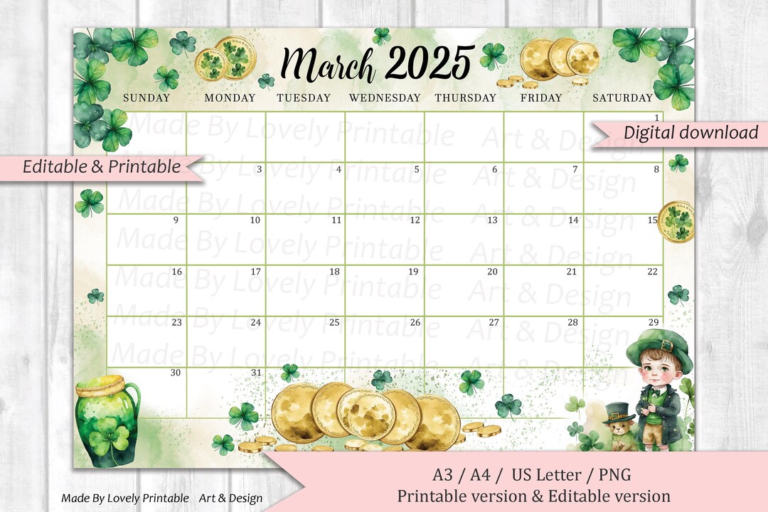 EDITABLE March 2025 Calendar, Happy St.patrick's Day Planner, Printable ...