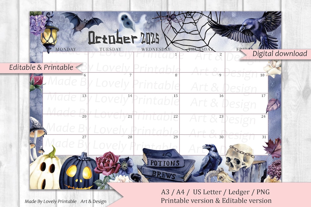 EDITABLE October 2025 Calendar, Happy Spooky Halloween Planner, (mon ...
