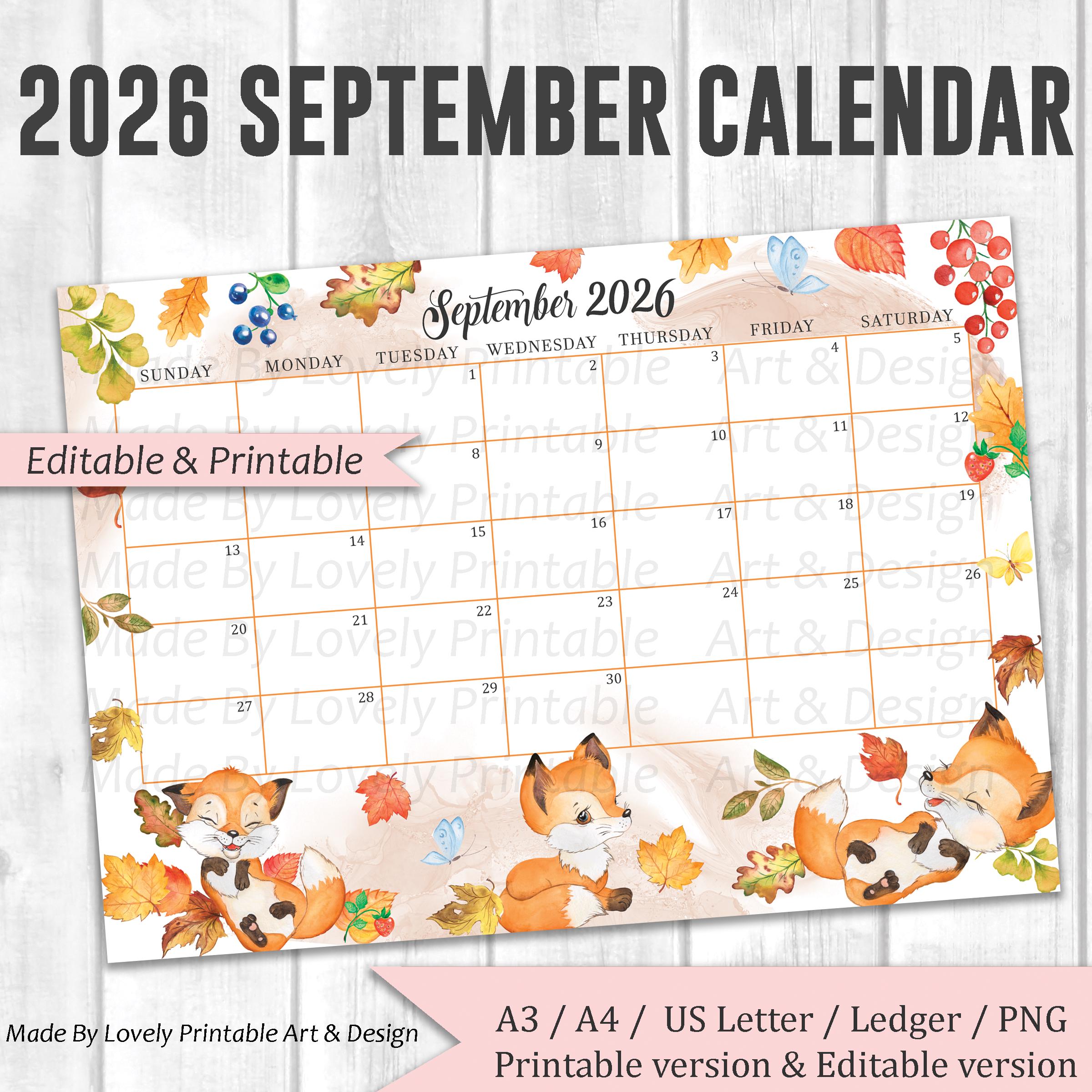 EDITABLE September 2026 Calendar, Cute Watercolor Fox, Forest Animal ...