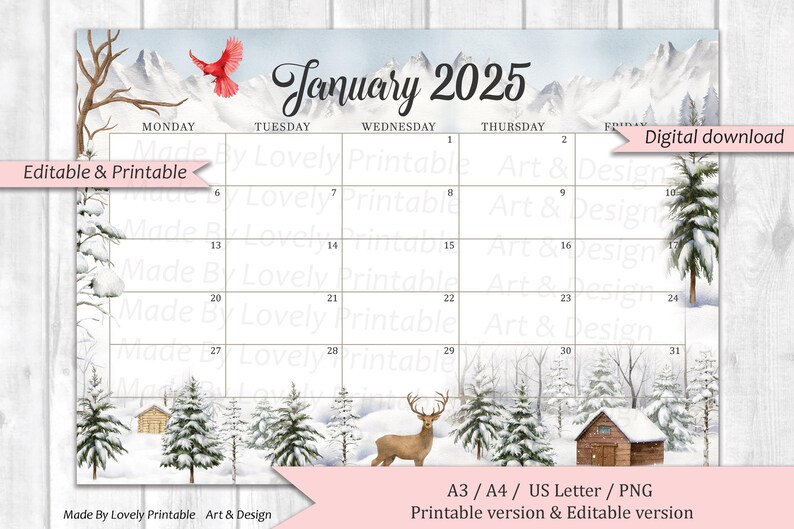 Editable January 2025 Calendar, Beautiful Winter, New Year 2025 ...