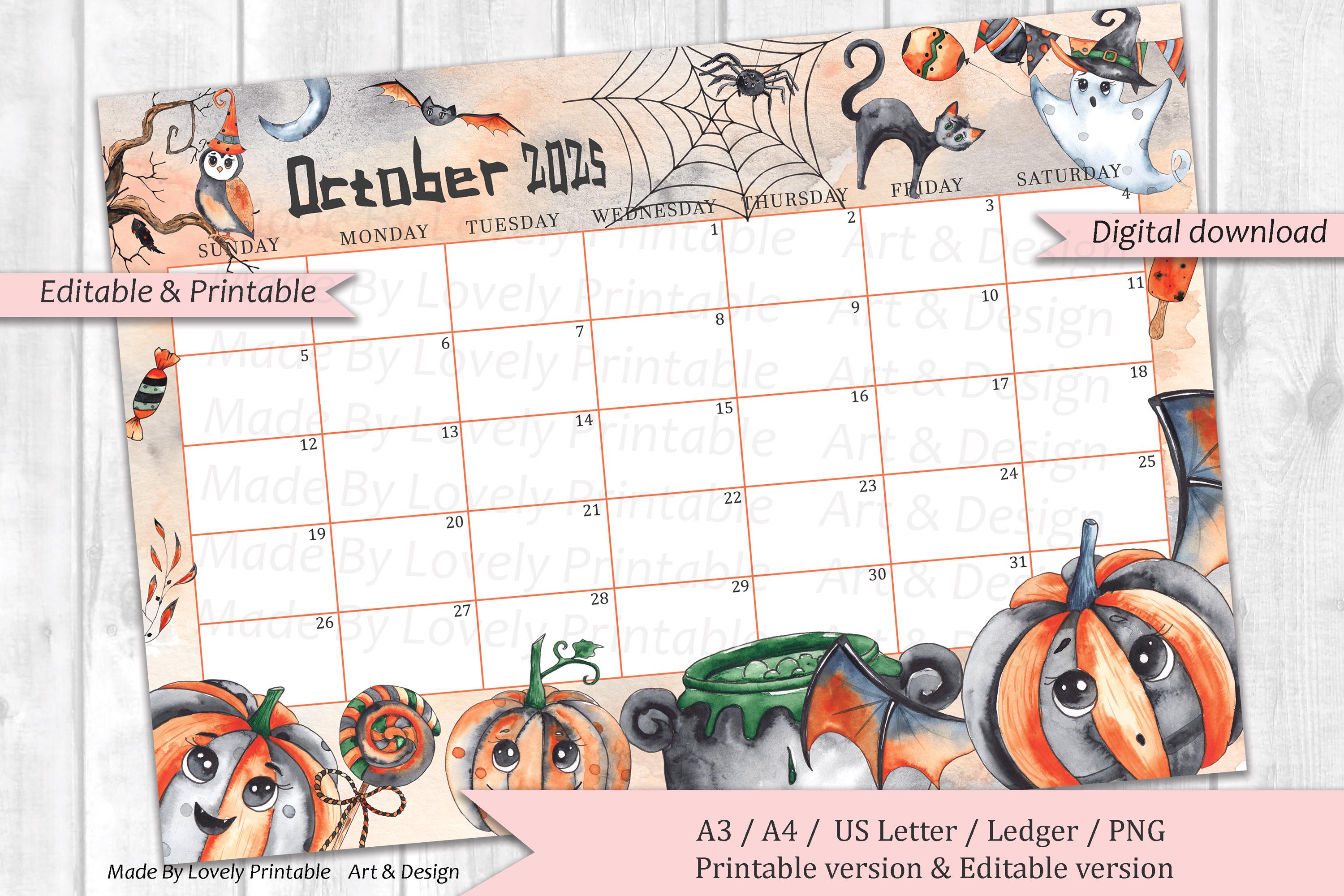 EDITABLE October 2025 Calendar, Happy Spooky Halloween Planner ...