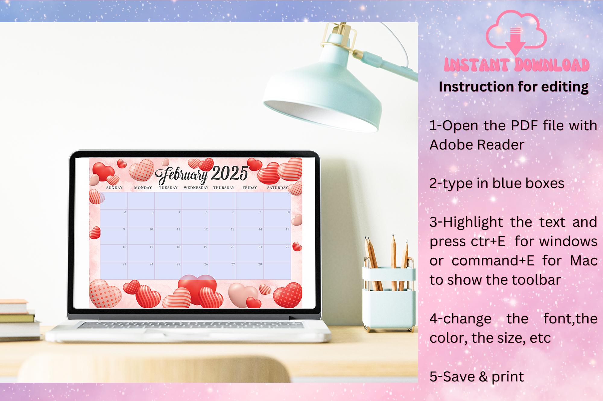 EDITABLE February 2025 Calendar, Sweet Valentine With Lovely Heart ...
