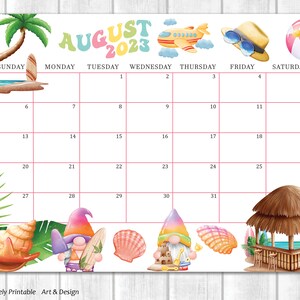 EDITABLE August Calendar Hello Summer With Cute Gnome - Etsy