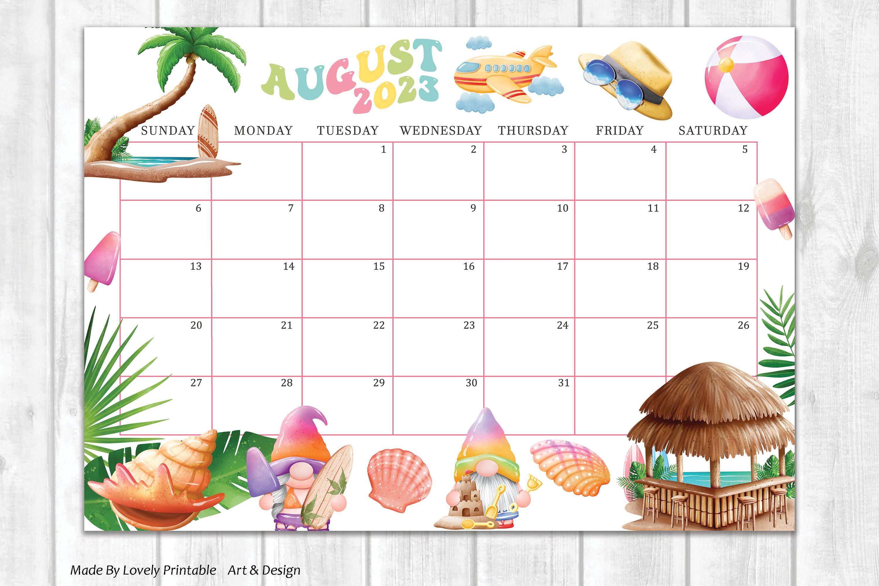 EDITABLE August Calendar Hello Summer With Cute Gnome - Etsy