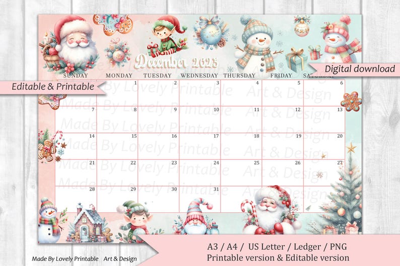 EDITABLE December 2025 Calendar, Pastel Pink Christmas, Printable ...