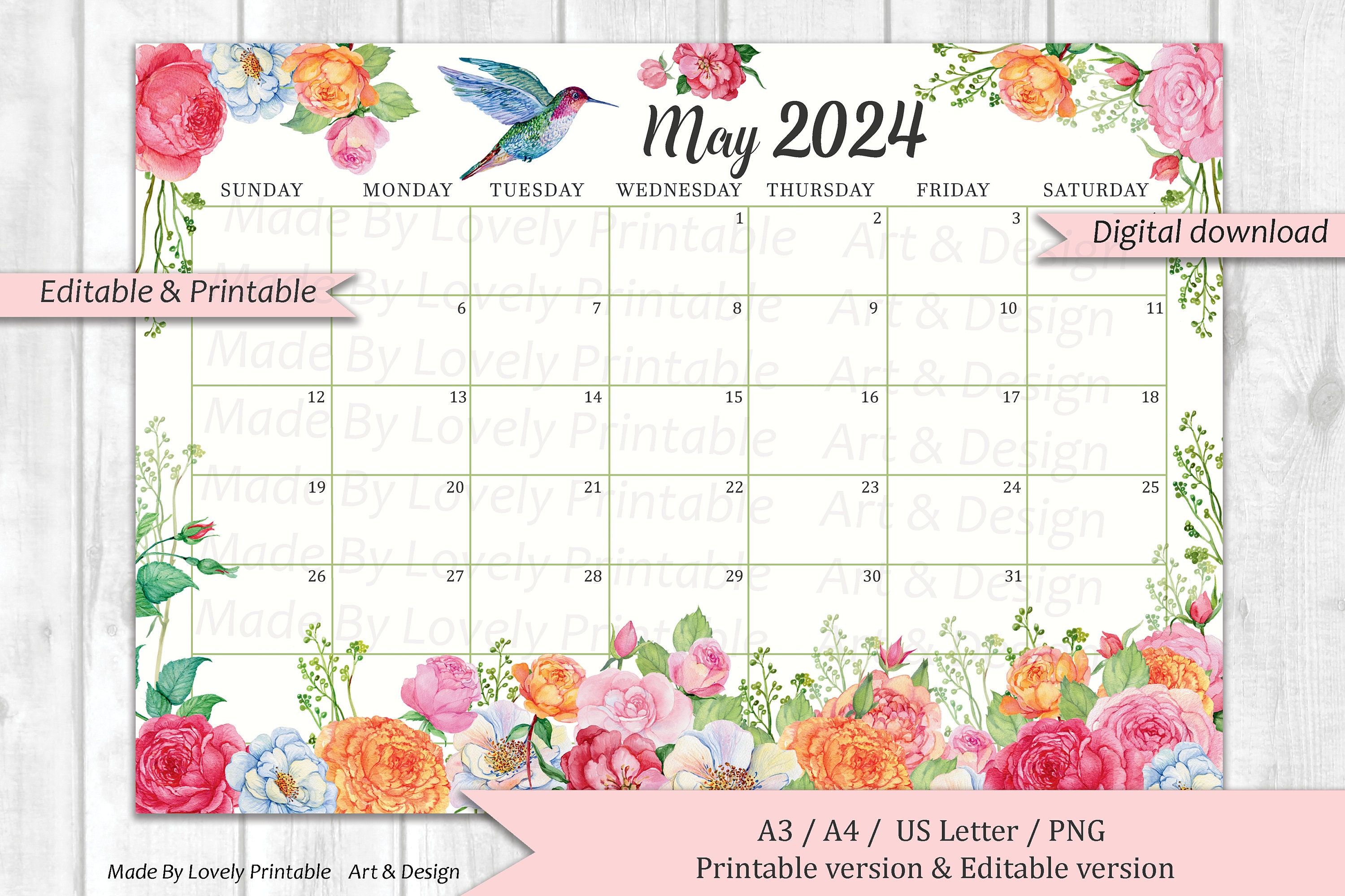 EDITABLE May 2024 Calendar, Watercolor Spring Flowers, Garden Scenery ...