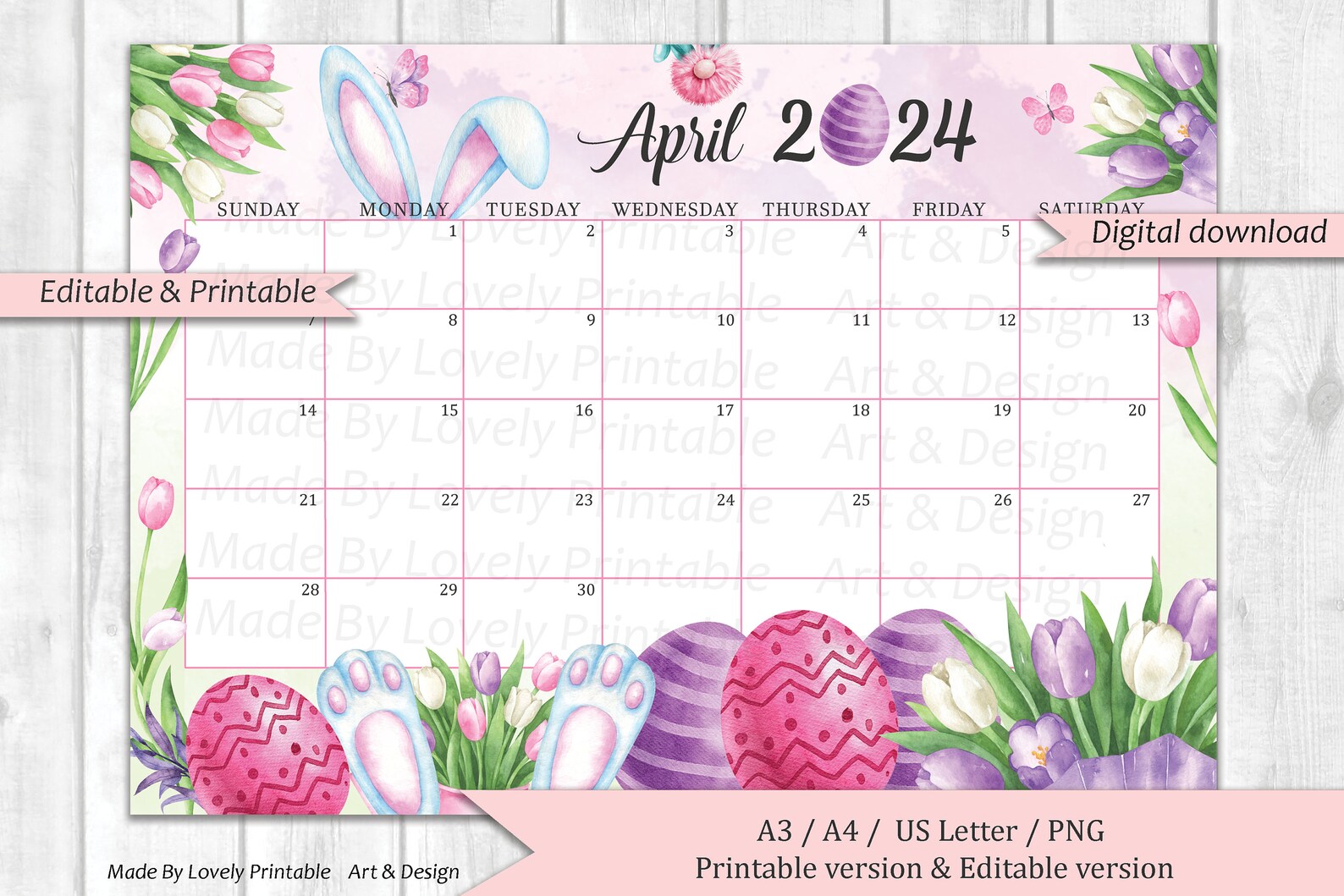 EDITABLE April 2024 Calendar, Monthly Planner, Happy Easter Day, Cute ...