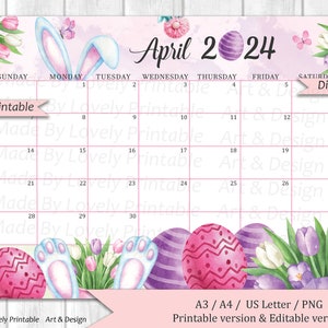 EDITABLE April 2024 Calendar, Monthly Planner, Happy Easter Day, Cute ...