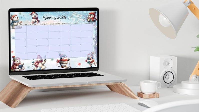 Bewerkbare kalender januari 2026, mooi grappig dier Winter, gelukkig ...