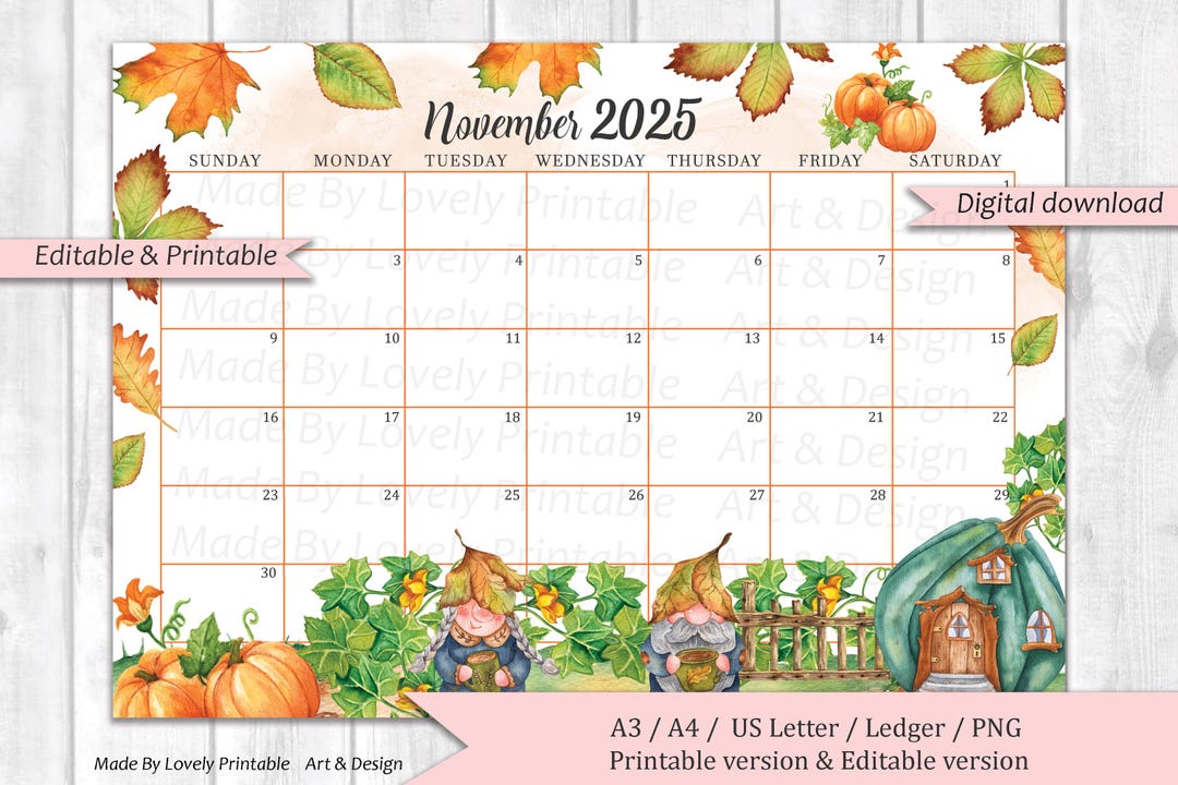 EDITABLE November 2025 Calendar, Watercolor Autumn Gnomes House, Autumn ...