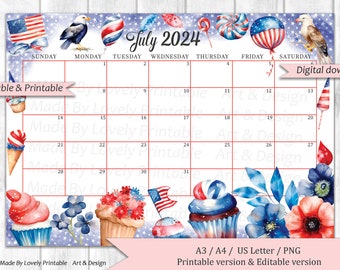 4th of July Day Calendar Planner, Printable July 2024 Calendar ...