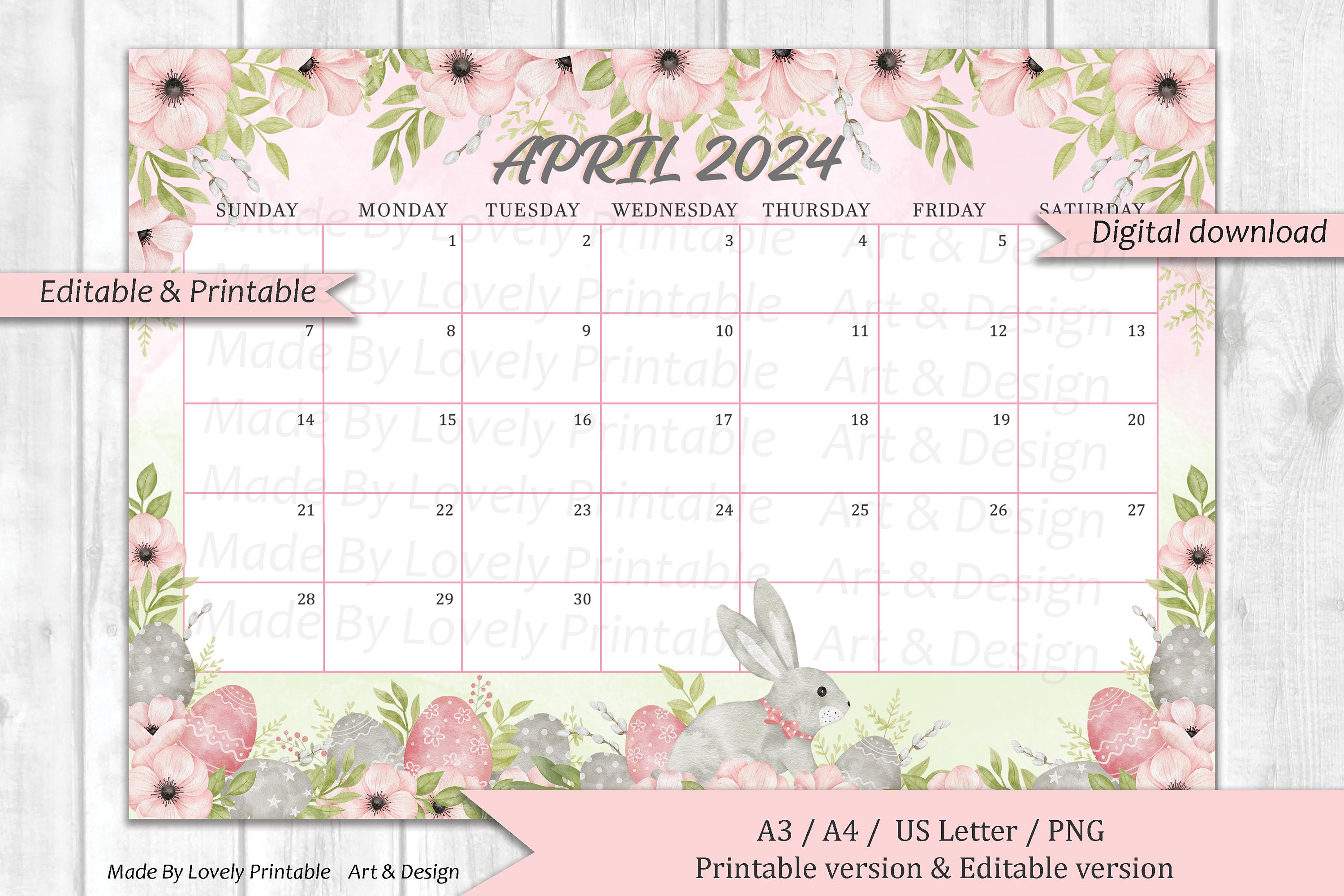 EDITABLE April 2024 Calendar, Monthly Planner, Happy Easter Day ...