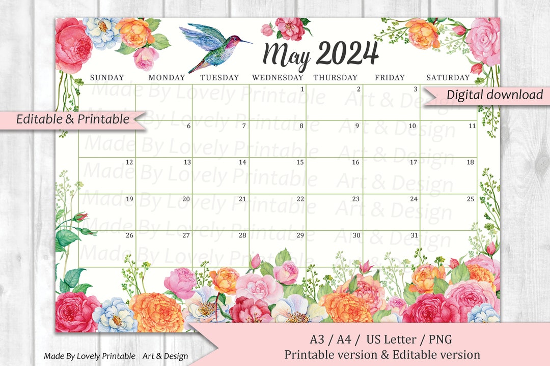 EDITABLE May 2024 Calendar, Watercolor Spring Flowers, Garden Scenery ...