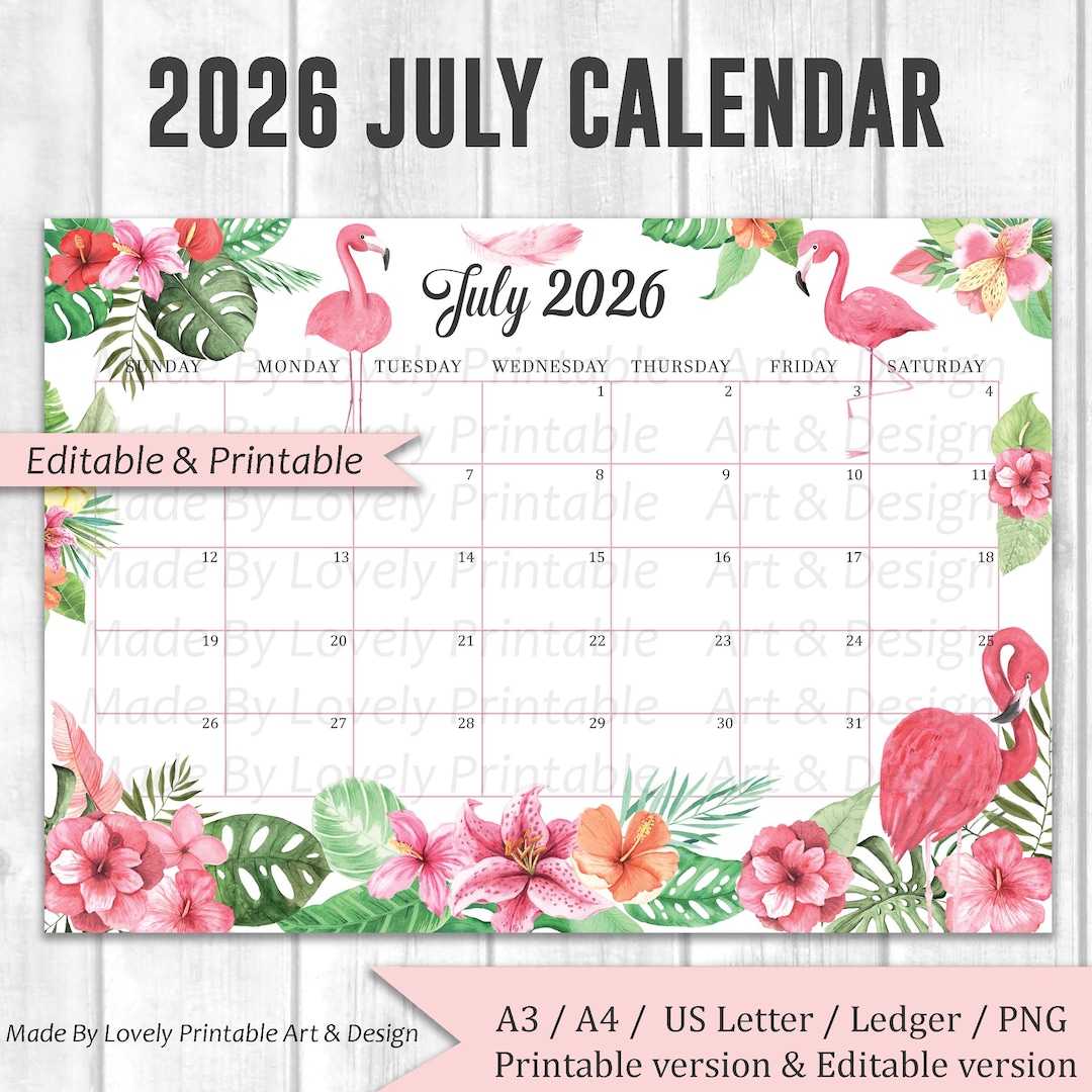 EDITABLE July Calendar, Happy Summer Vibe, Tropical Floral & Flamingo ...