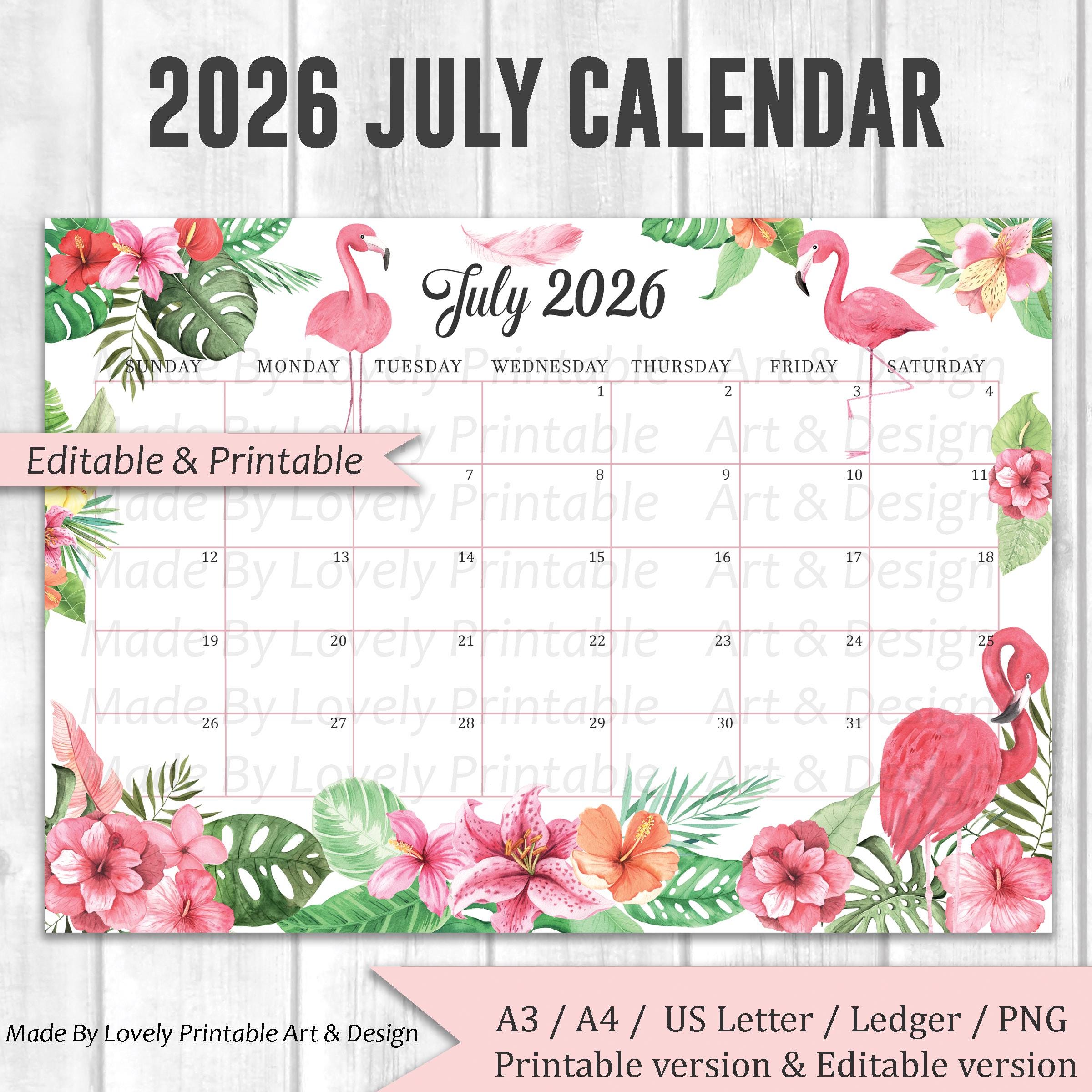EDITABLE July Calendar, Happy Summer Vibe, Tropical Floral & Flamingo ...