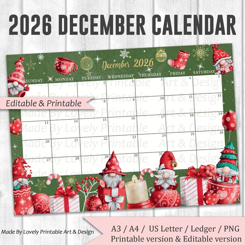 EDITABLE December 2026 Calendar, Joyful Merry Christmas, Printable ...
