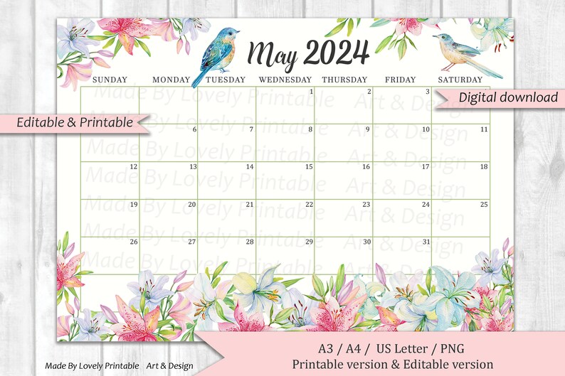 EDITABLE MAY 2024 Calendar, Watercolor Spring Flowers, Garden Scenery ...