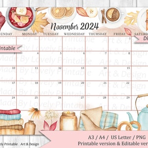 EDITABLE November 2024 Calendar, Watercolor Thanksgiving Day, Autumn ...