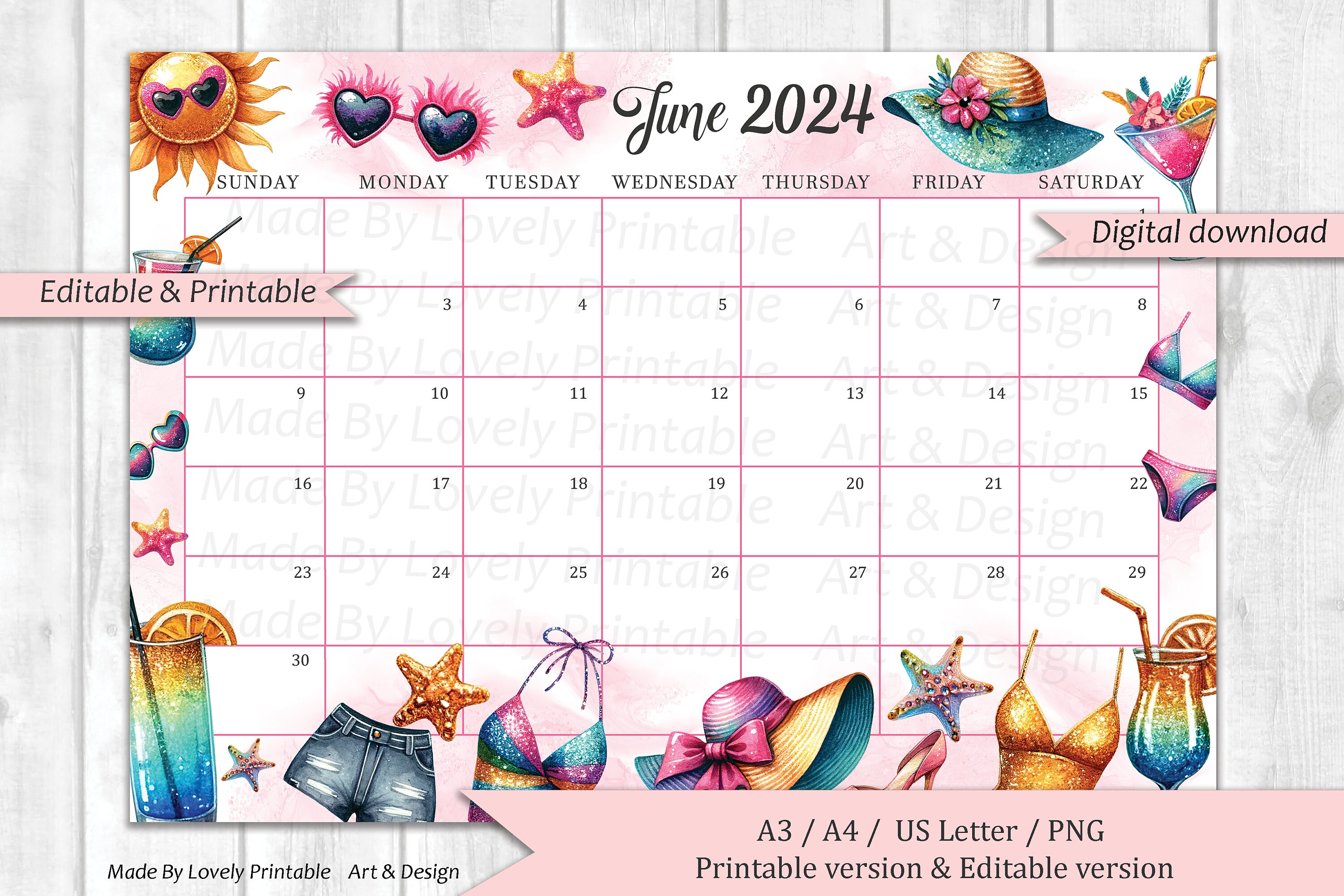 EDITABLE June Calendar, Summer at the Beach With Cute Sun and Fresh ...