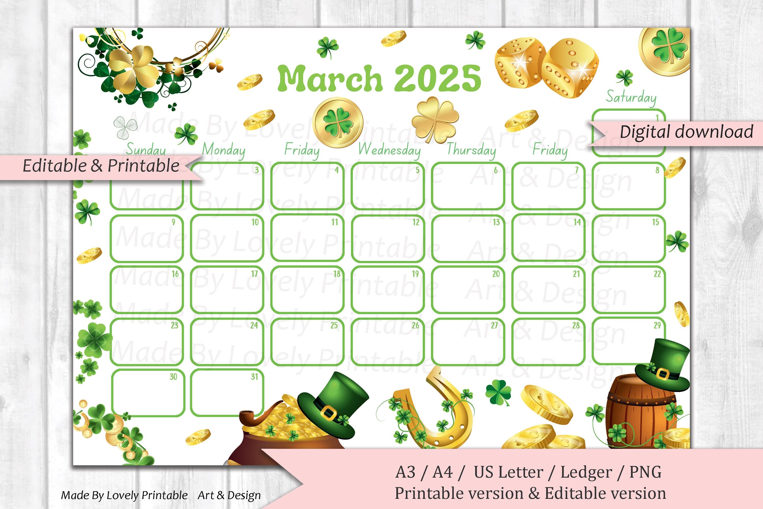 EDITABLE March 2025 Calendar, Happy St.patrick's Day Planner, Printable ...