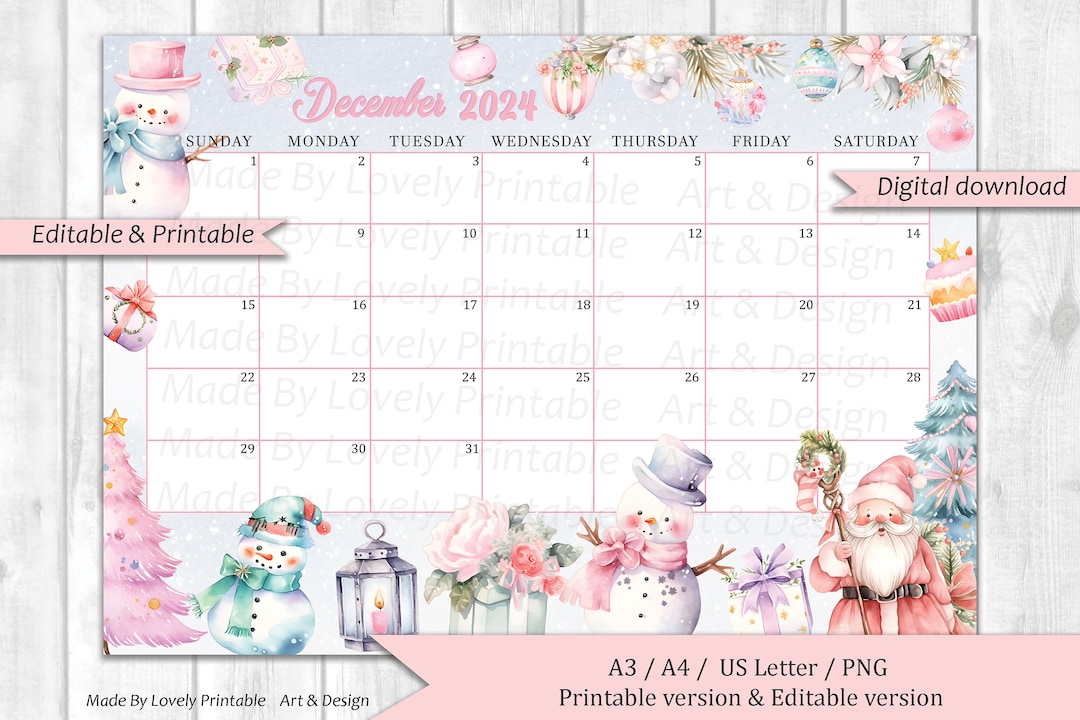 EDITABLE December 2024 Calendar, Pastel Christmas, Printable Monthly ...