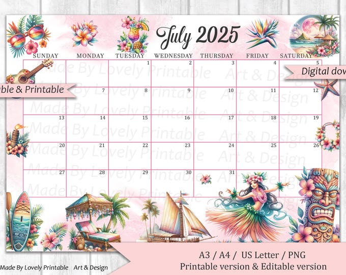 EDITABLE July 2025 Calendar, Beautiful Colorful Summer, Monthly Planner ...