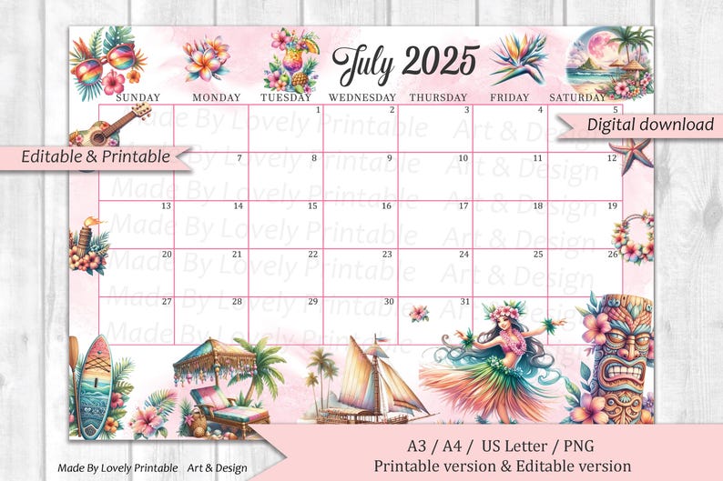 EDITABLE July Calendar, Tropical Summer Beach, Joyful & Colorful Summer ...