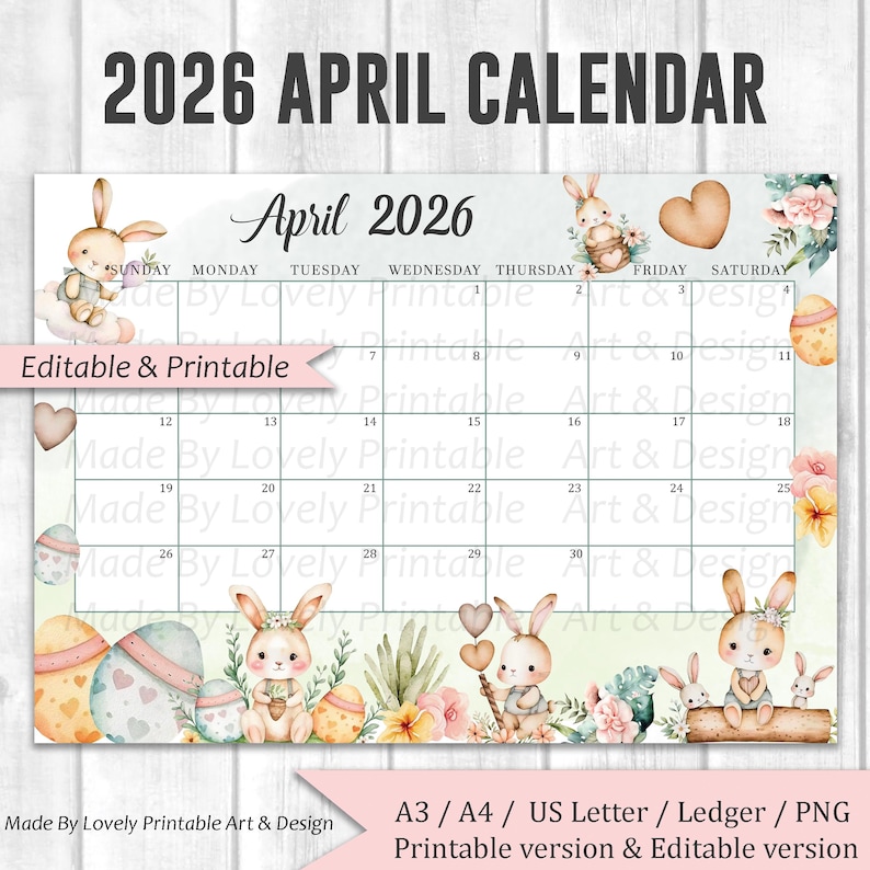 EDITABLE April 2026 Calendar, Monthly Planner, Happy Easter Day, Cute ...