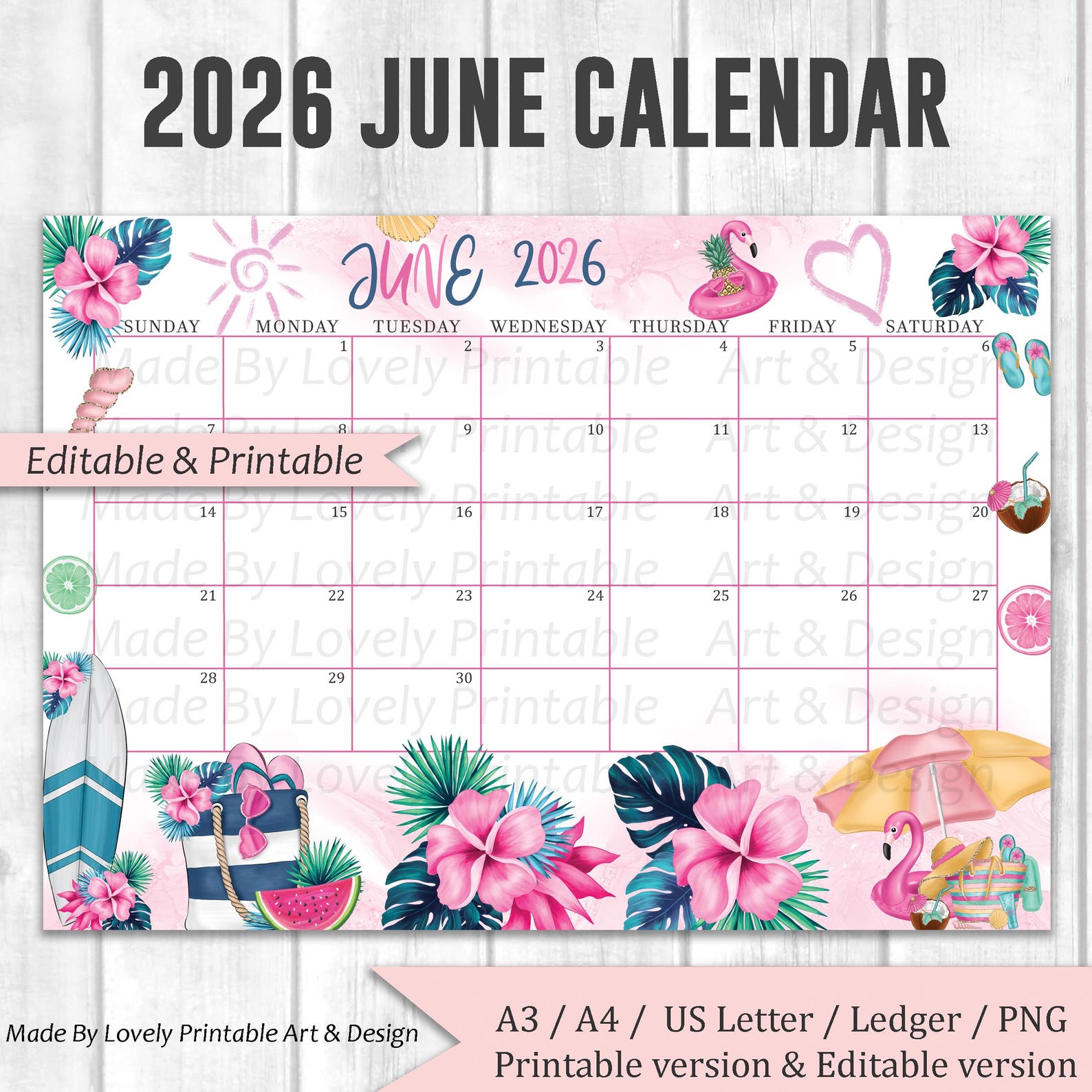 EDITABLE June Calendar, Summer at the Beach, Sun and Beach, Calendar ...