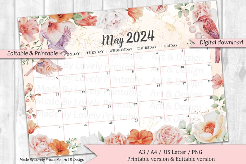 EDITABLE May 2024 Calendar, English Garden, Spring Vibe, Monthly ...