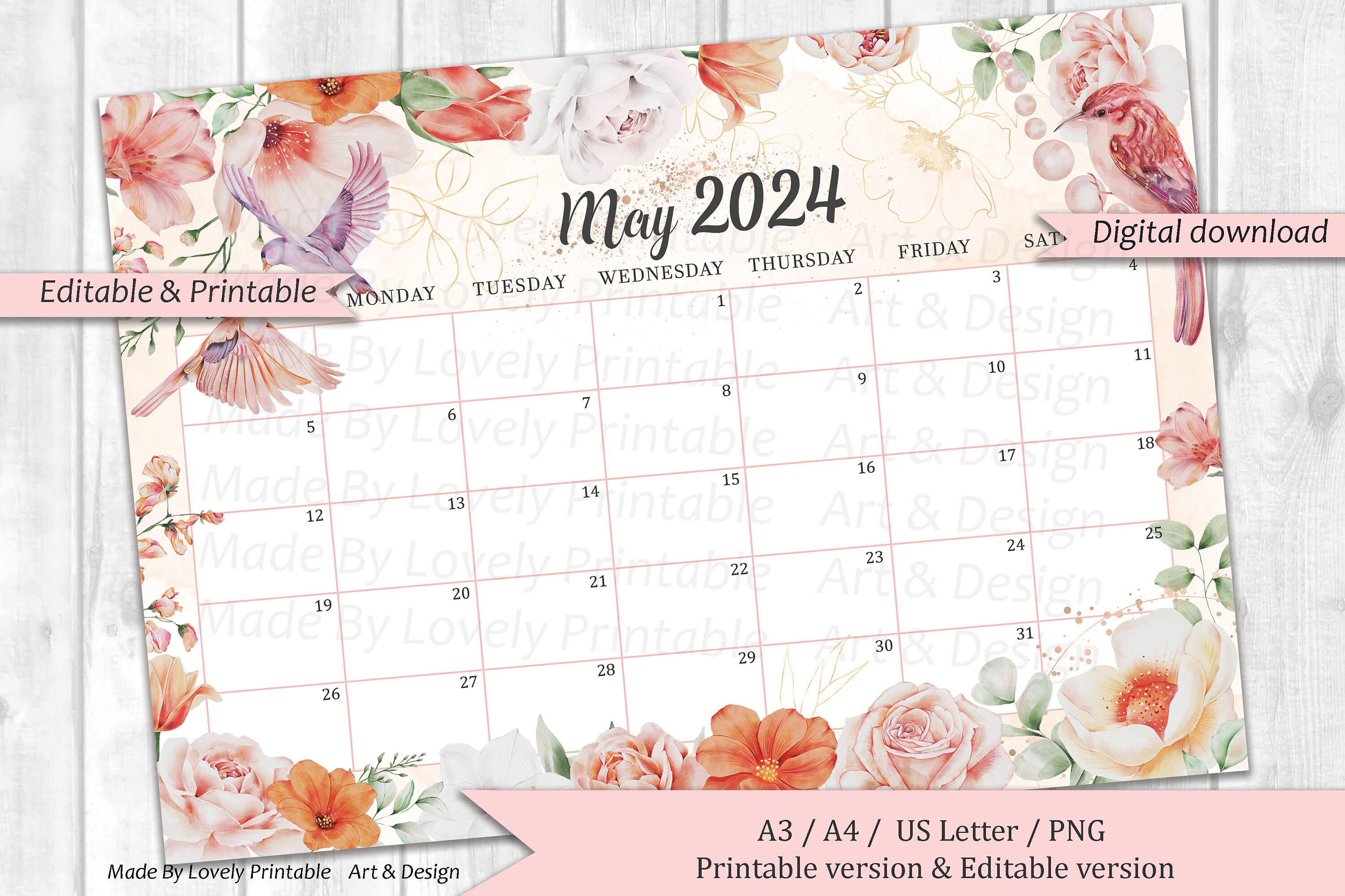EDITABLE May 2024 Calendar, English Garden, Spring Vibe, Monthly ...