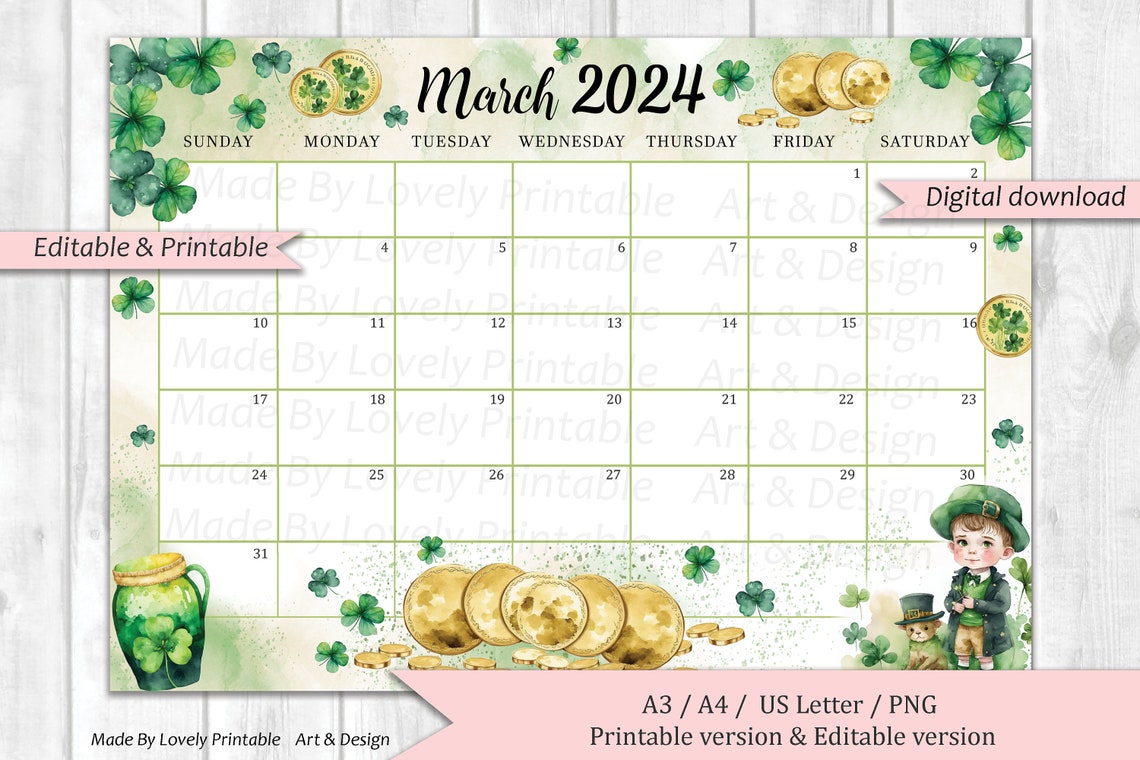 EDITABLE March 2023 Calendar, Happy St.patrick's Day Planner, Printable ...