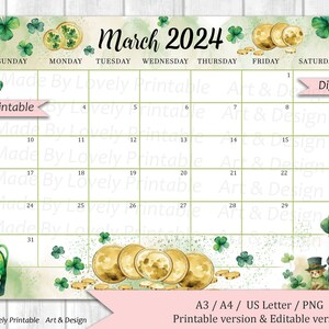 EDITABLE March 2023 Calendar, Happy St.patrick's Day Planner, Printable ...