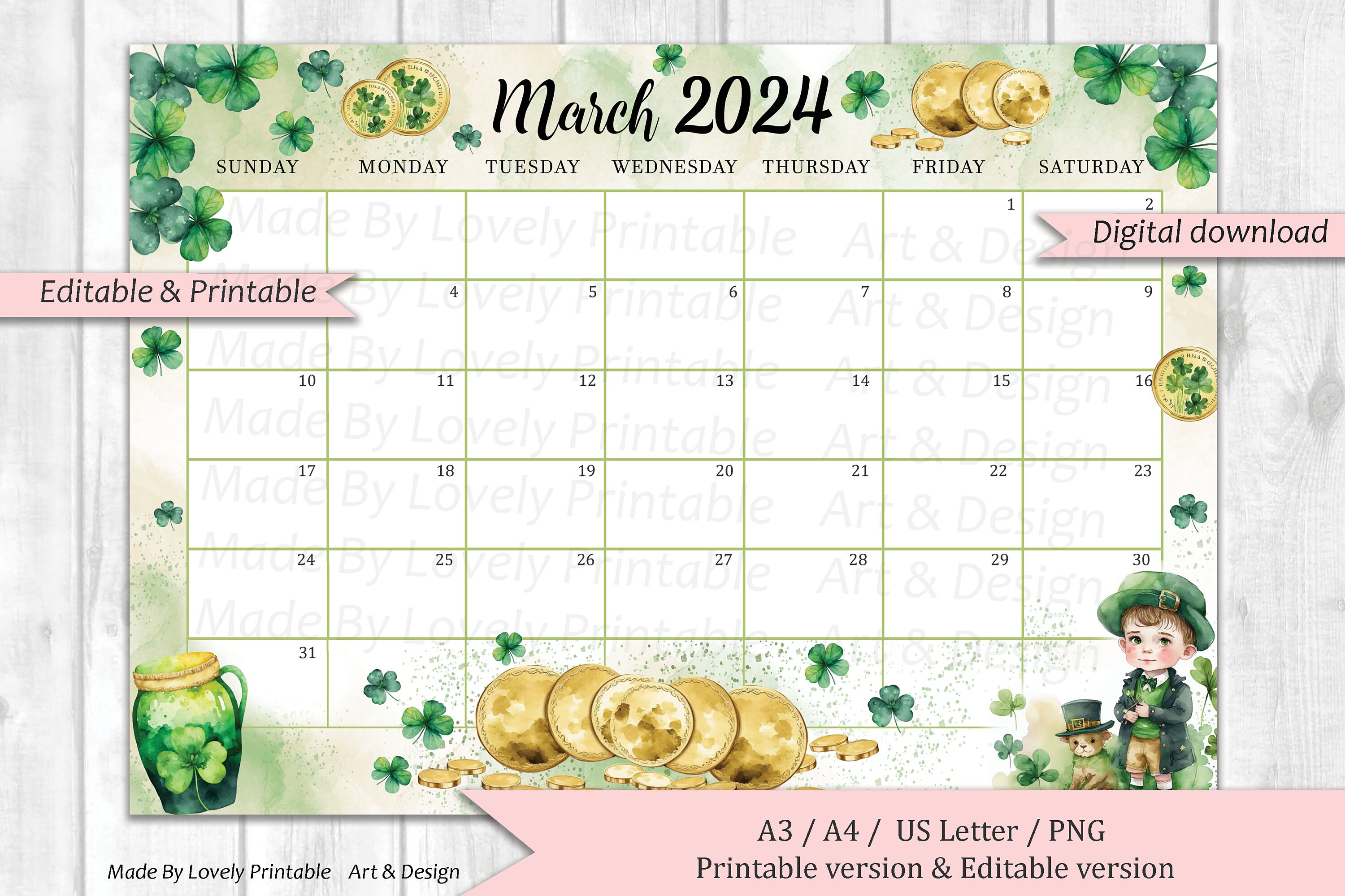 EDITABLE March 2023 Calendar, Happy St.patrick's Day Planner, Printable ...