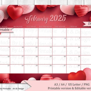 EDITABLE February 2025 Calendar, Sweet Valentine With Lovely Heart ...
