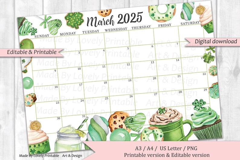 EDITABLE March 2025 Calendar, Happy St. Patrick's Day Planner ...