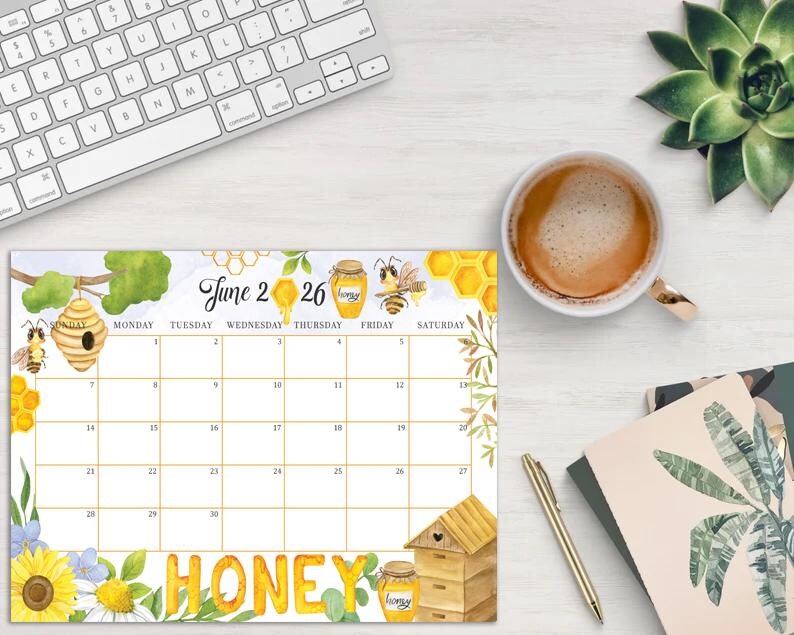 EDITABLE June Calendar, Printable Cute Bee and Honey Planner, Printable ...