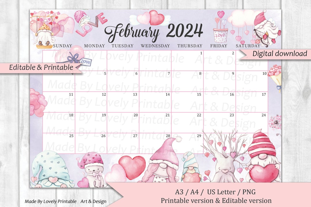 EDITABLE February 2025 Calendar, Happy Valentine With Lovely Gnomes ...